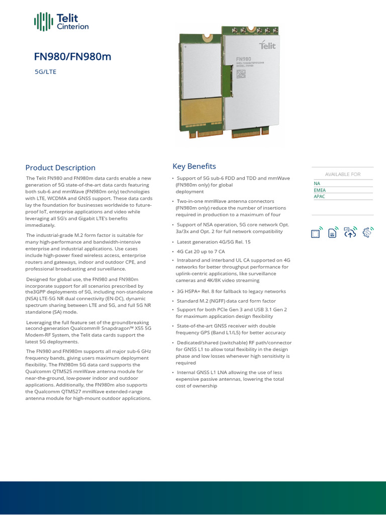 Telit FN980/FN980m 5G Data Cards | PDF | Lte (Telecommunication) | 4 G