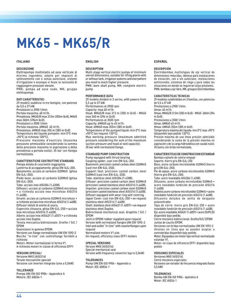 Bombas Electromecánicas MK65 | PDF | Materiales | Ingeniería mecánica