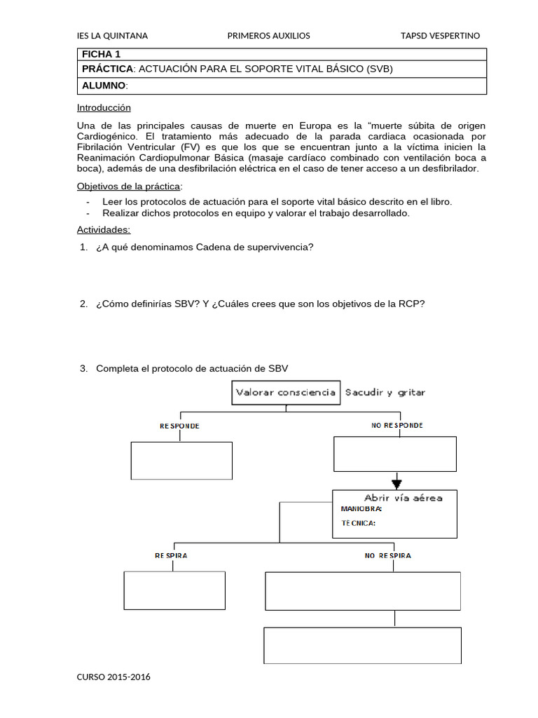 Ficha 1 Practica SVB | PDF | Reanimación cardiopulmonar | Paro cardíaco
