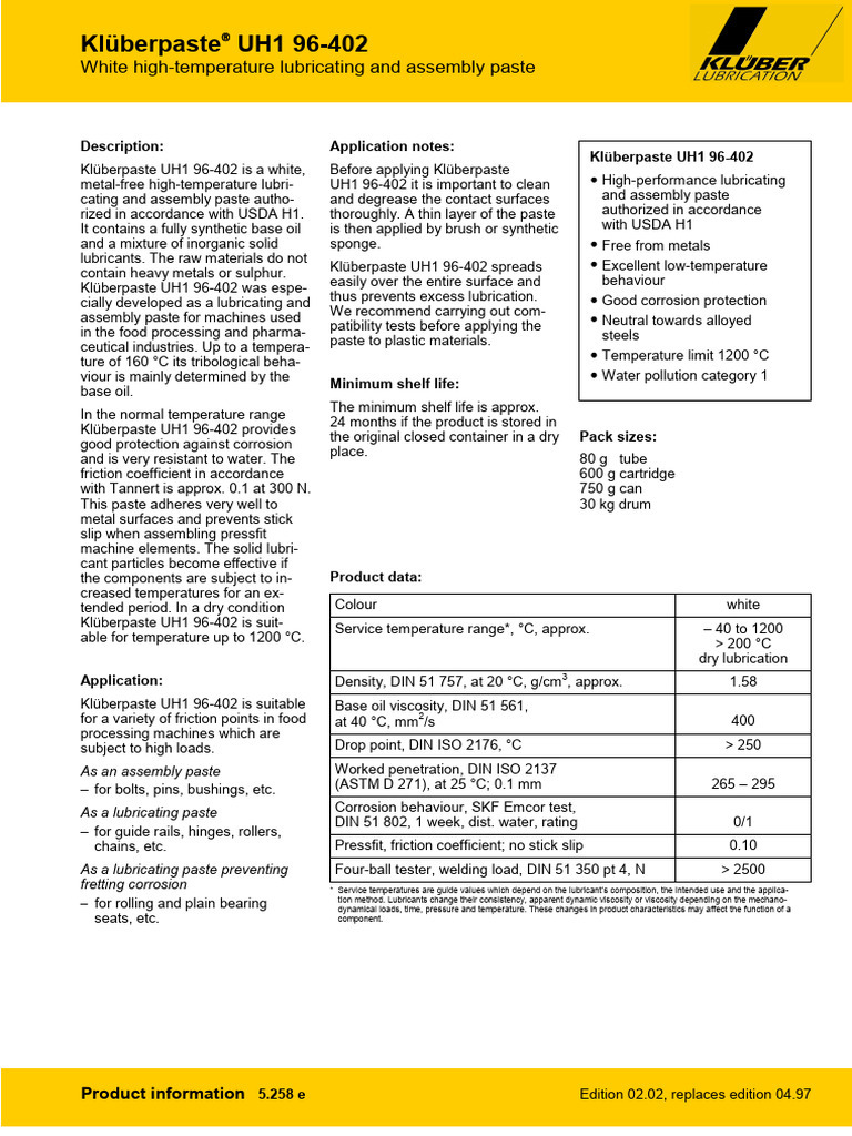 Klueberpaste UH1 96 402-En | PDF | Lubricant | Friction
