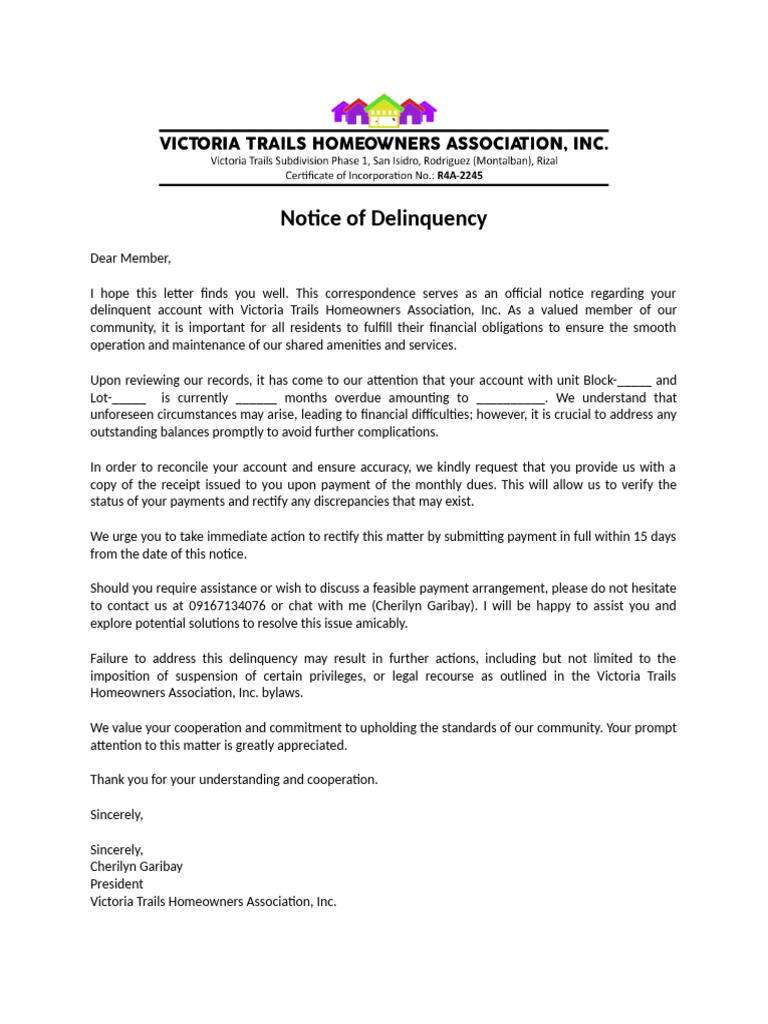 Notice of Delinquency | PDF | Business | Finance & Money Management