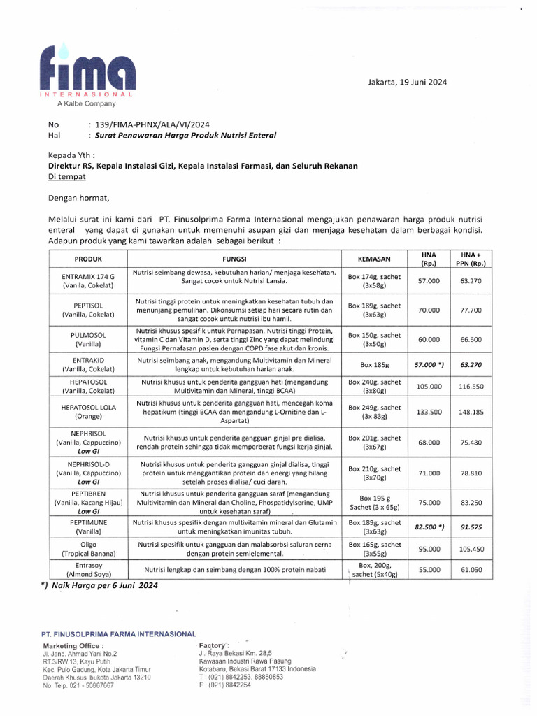 FIMA 139 Penawaran Harga Produk Nutrisi Enteral Excl. Bigbox - General | PDF