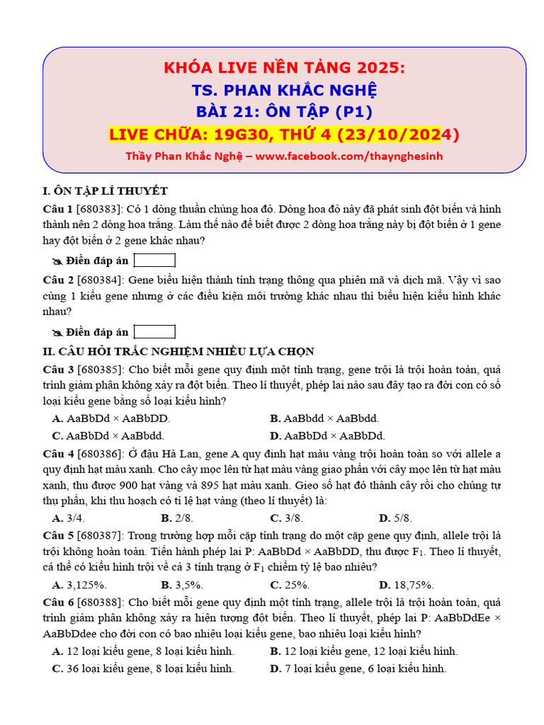 Khóa Live N NT NG 2025:: Ts. Phan KH C NGH Bài 21: Ôn T P (P1) | PDF