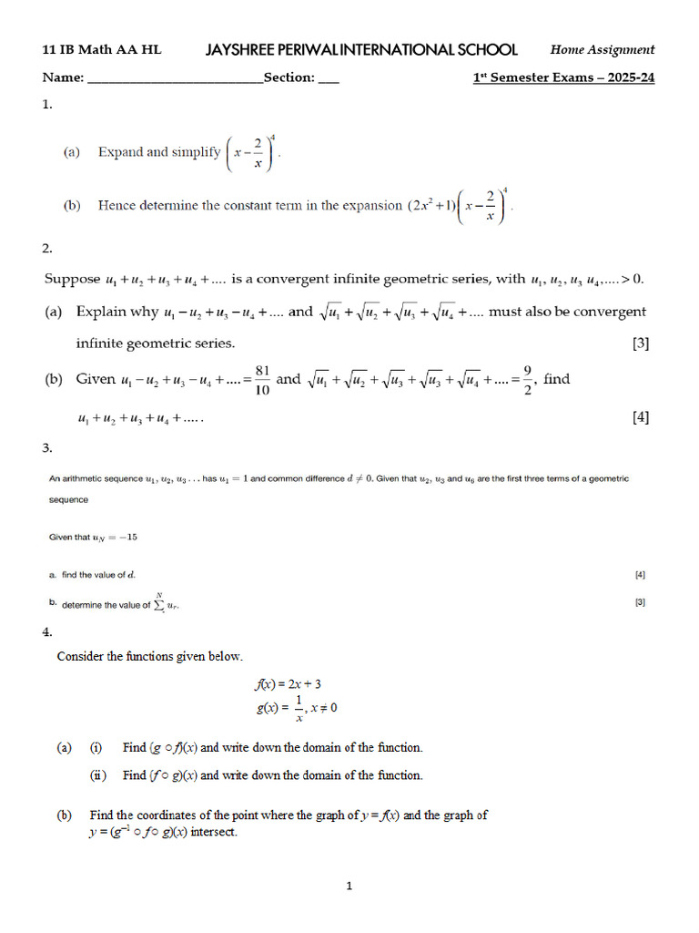 11th Math AA HL Home Assignment 2024-25 | PDF
