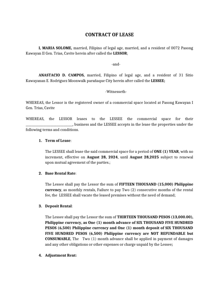 CONTRACT OF LEASE | PDF | Lease | Renting