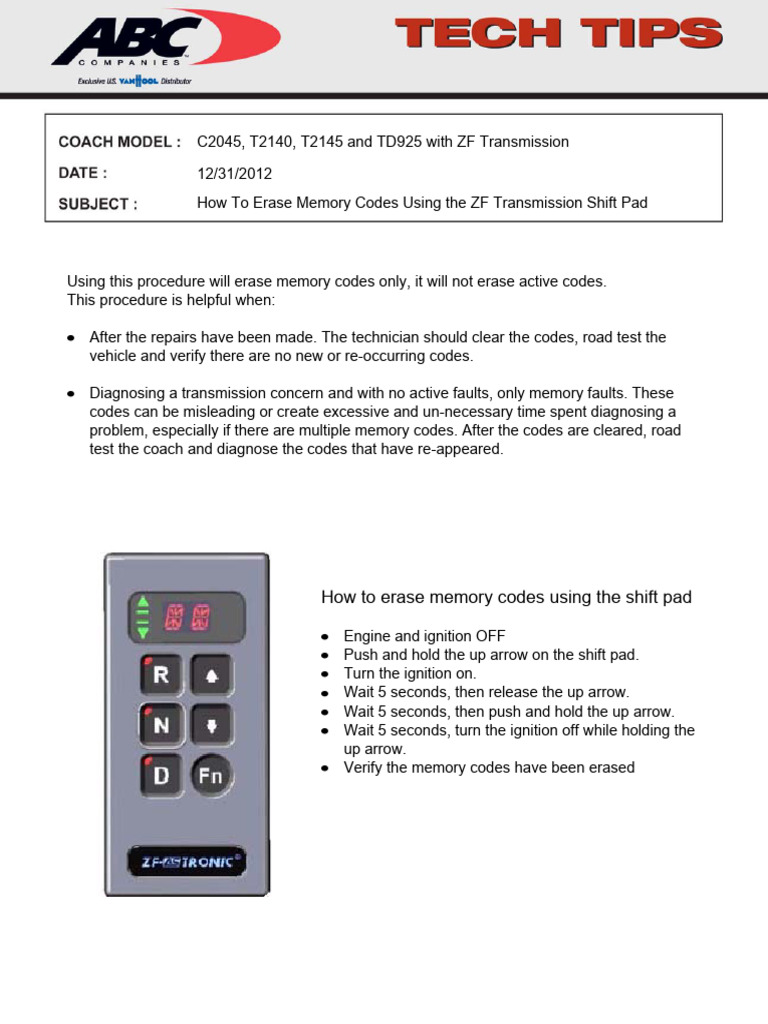 How To Erase Memory Codes Using The ZF Transmission Shift Pad | PDF