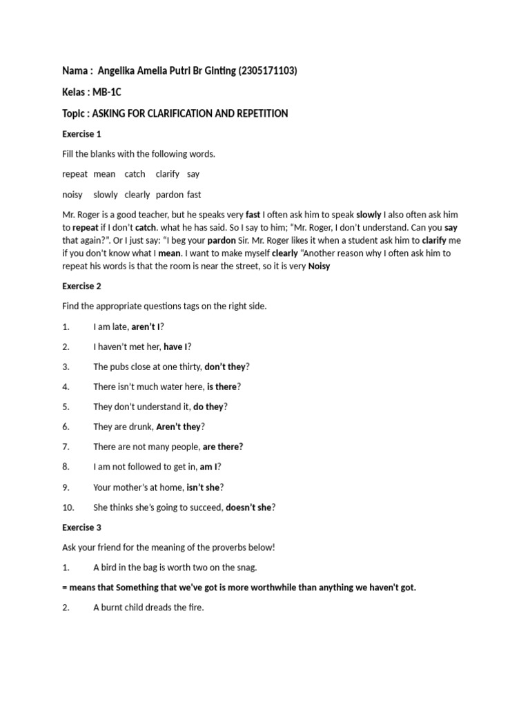 TASK 2 Asking For Clarification and Repitition ANGELIKA GINTING MB-1C ...