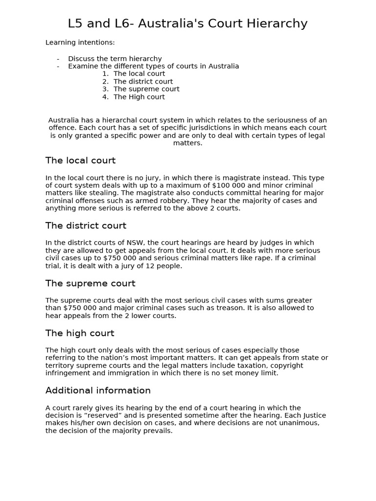 L5 and L6 - Australia's Court Hierarchy | PDF | Supreme Courts | Appeal