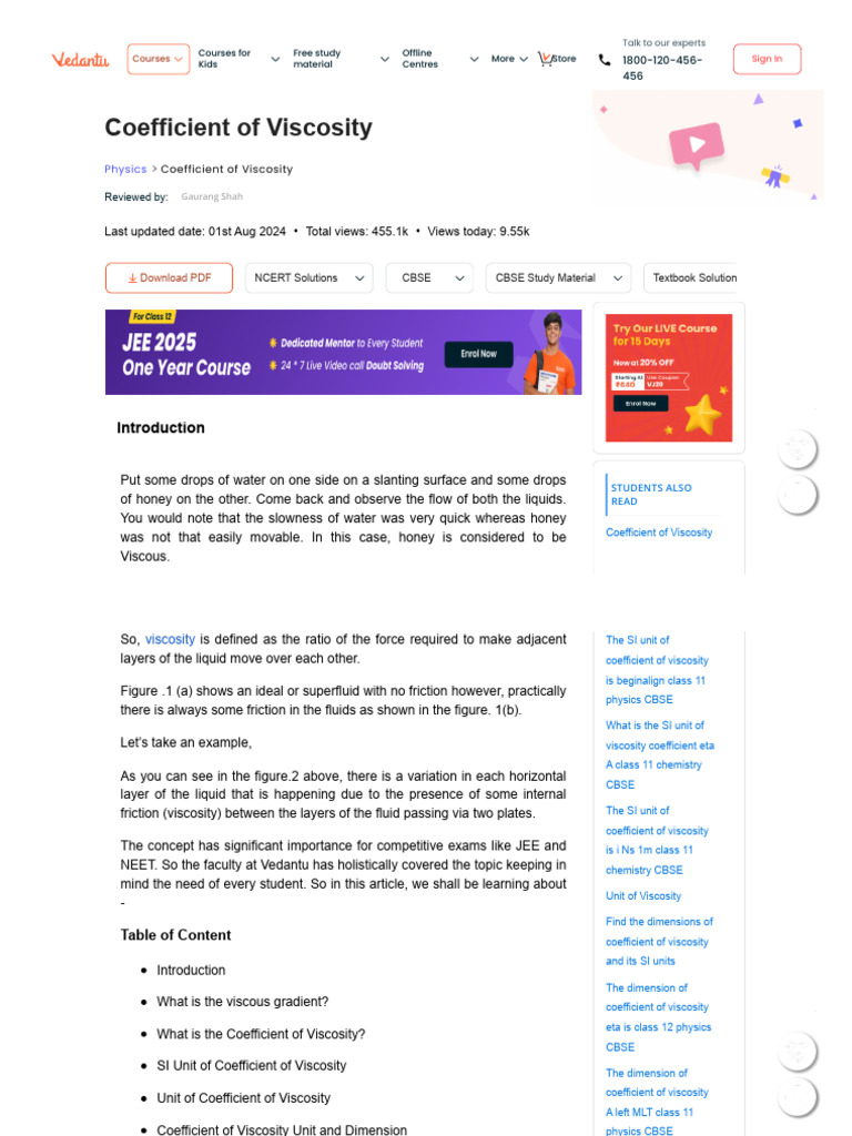 Coefficient of Viscosity - Formula, SI Unit, Unit and Dimension ...