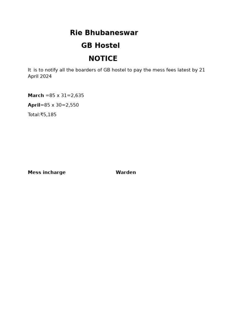 Rie Bhubaneswar GB Hostel Notice | PDF