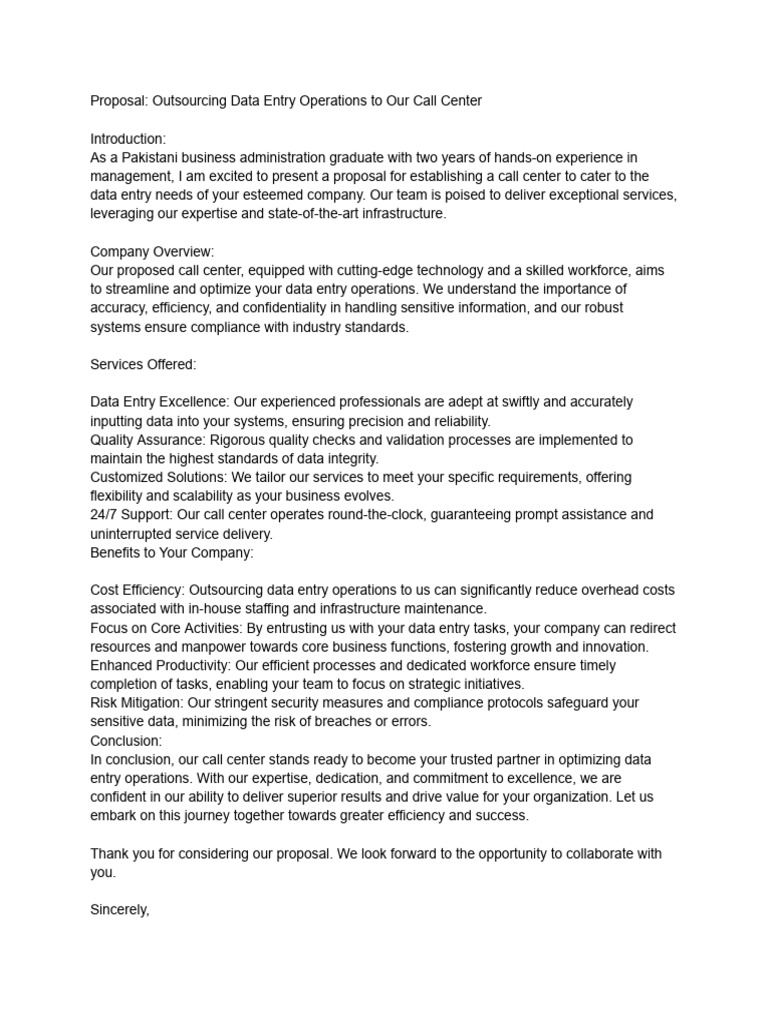 Call center proposal | PDF | Call Centre | Outsourcing