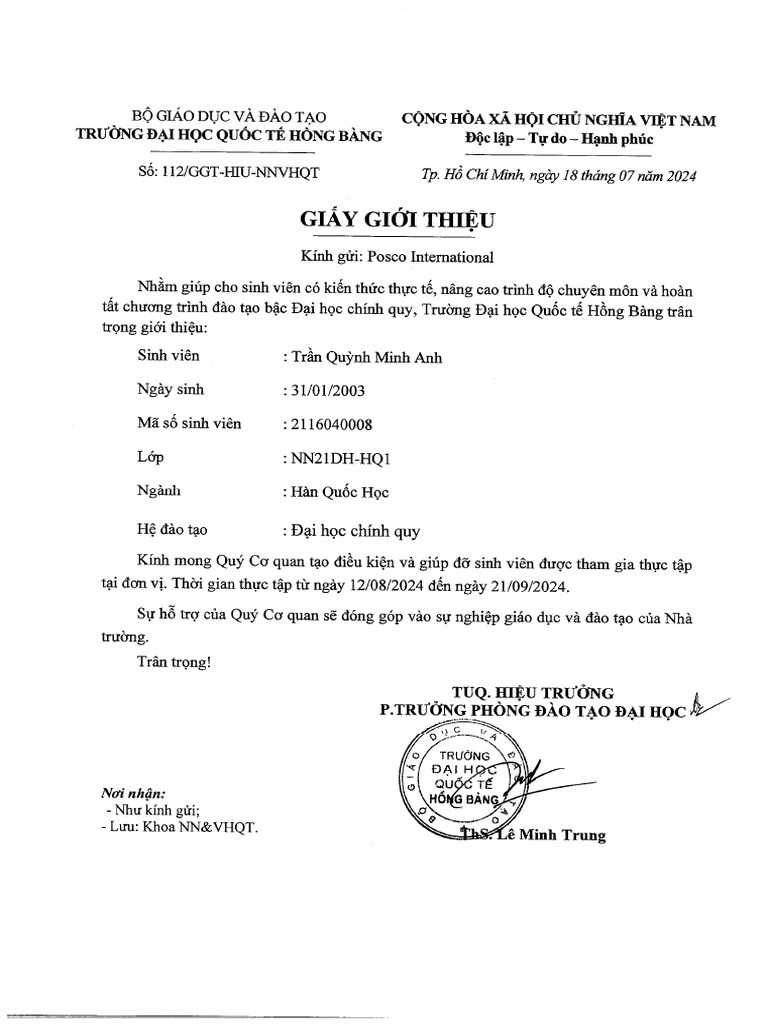 Giay Gioi Thieu - Minh Anh | PDF