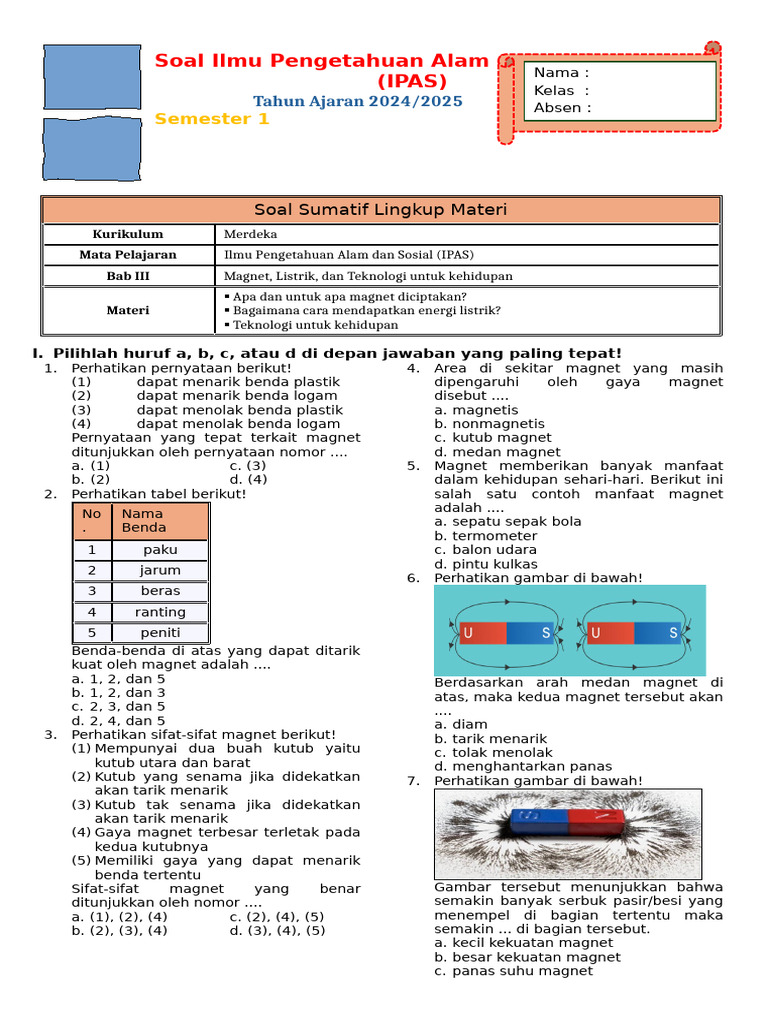 Soal IPAS - BAB 3 Magnet, Listrik Dan Teknologi Untuk Kehidupan - SMT 1 ...
