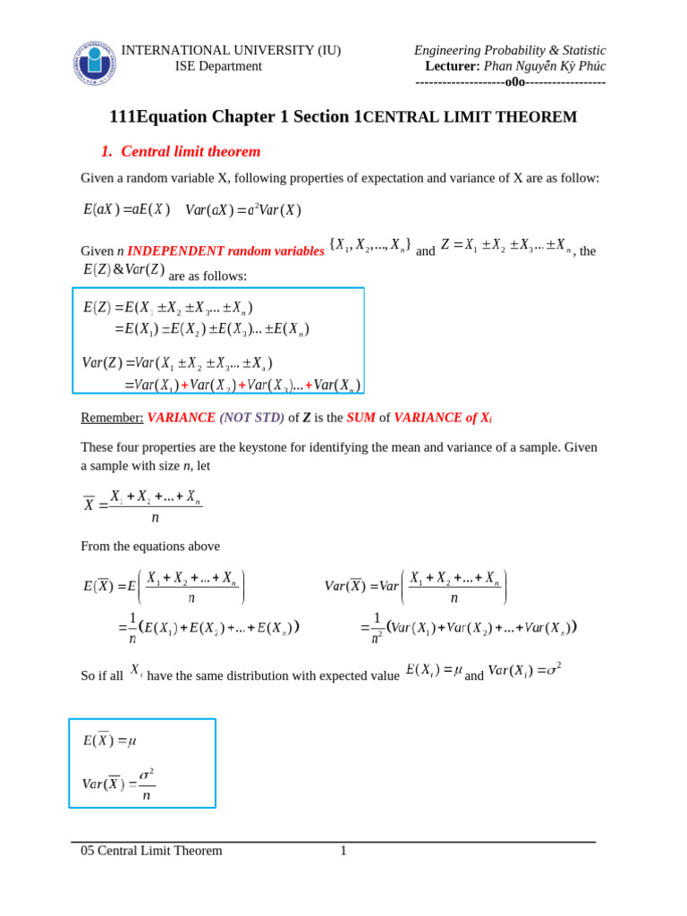 05 - Central Limit Theorem | PDF | Chi Squared Distribution | Variance