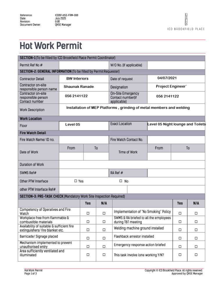 Hot Work Permit | PDF