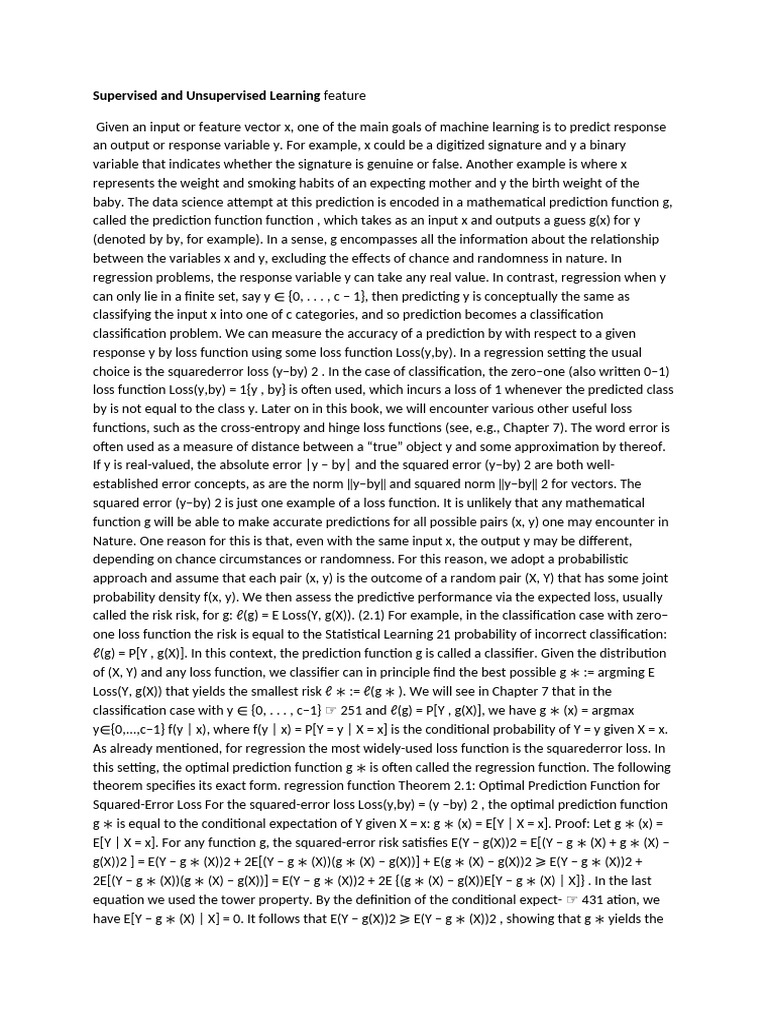 Supervised And Unsupervised Learning Feature Pdf Statistical Classification Loss Function