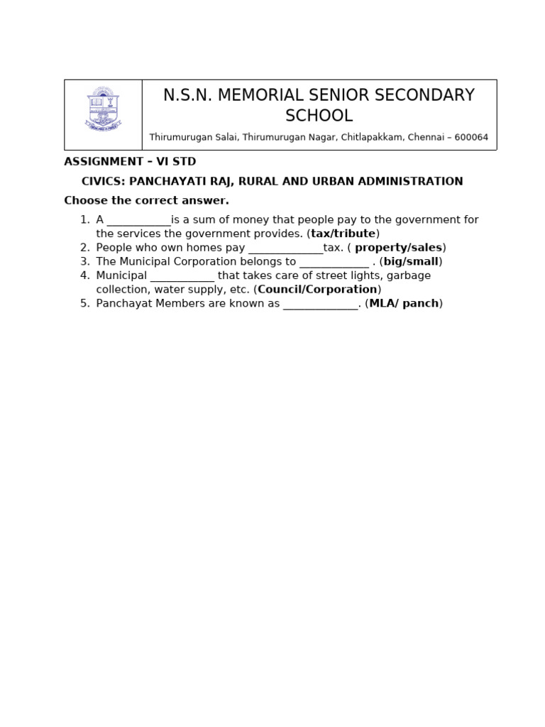 Assignment CL 6 Panchayati Raj Rural & Urban Administration | PDF | Social Science