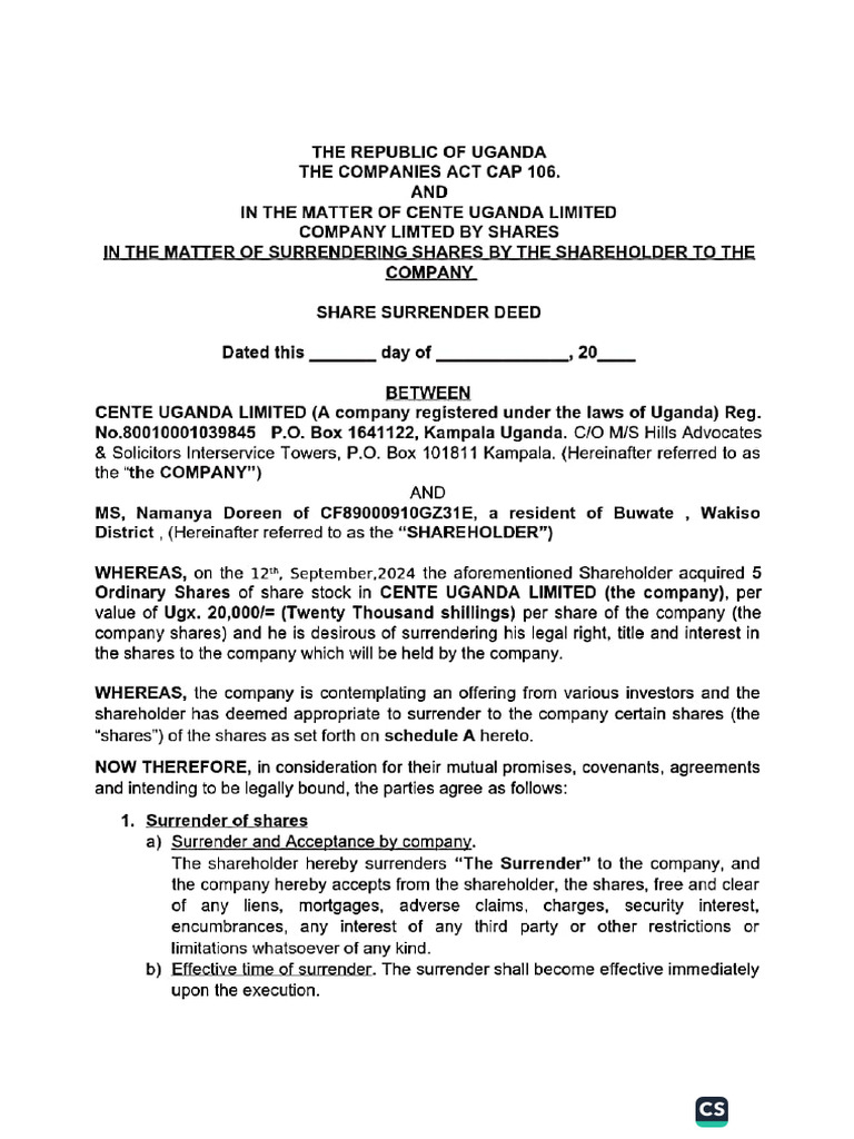 Deed of Surrender of Shares | PDF