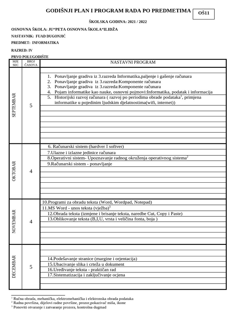 Godišnji Plan 4 Razred Informatika | PDF