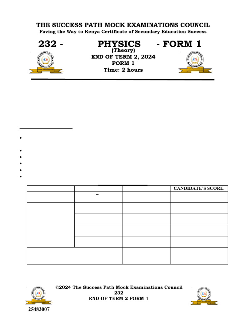 Physics F1 Et 2 2024 | PDF | Density | Pressure