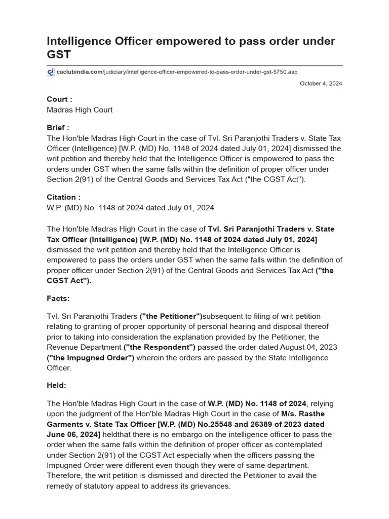 Intelligence Officer Empowered To Pass Order Under GST | PDF ...