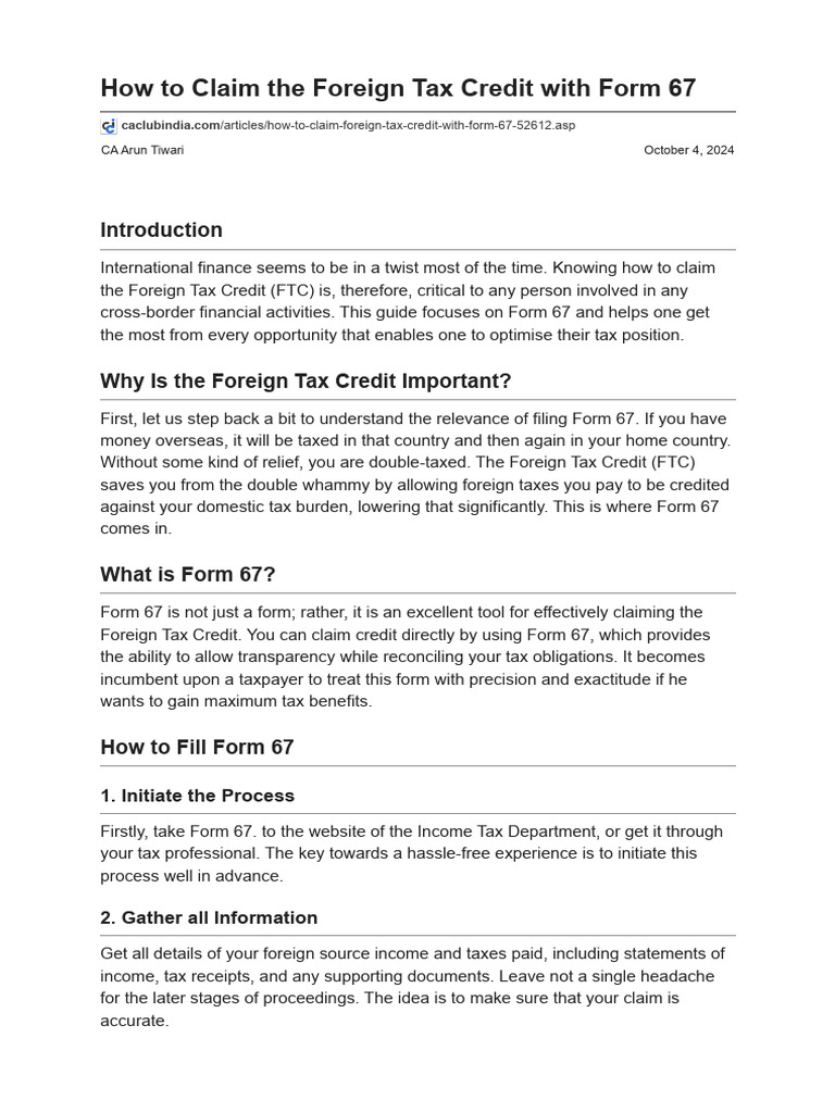 How To Claim The Foreign Tax Credit With Form 67 | PDF | Taxes | Tax Credit