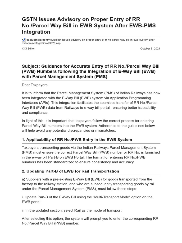 RR Number Entry in E-Way Bill System | PDF | Information Technology ...