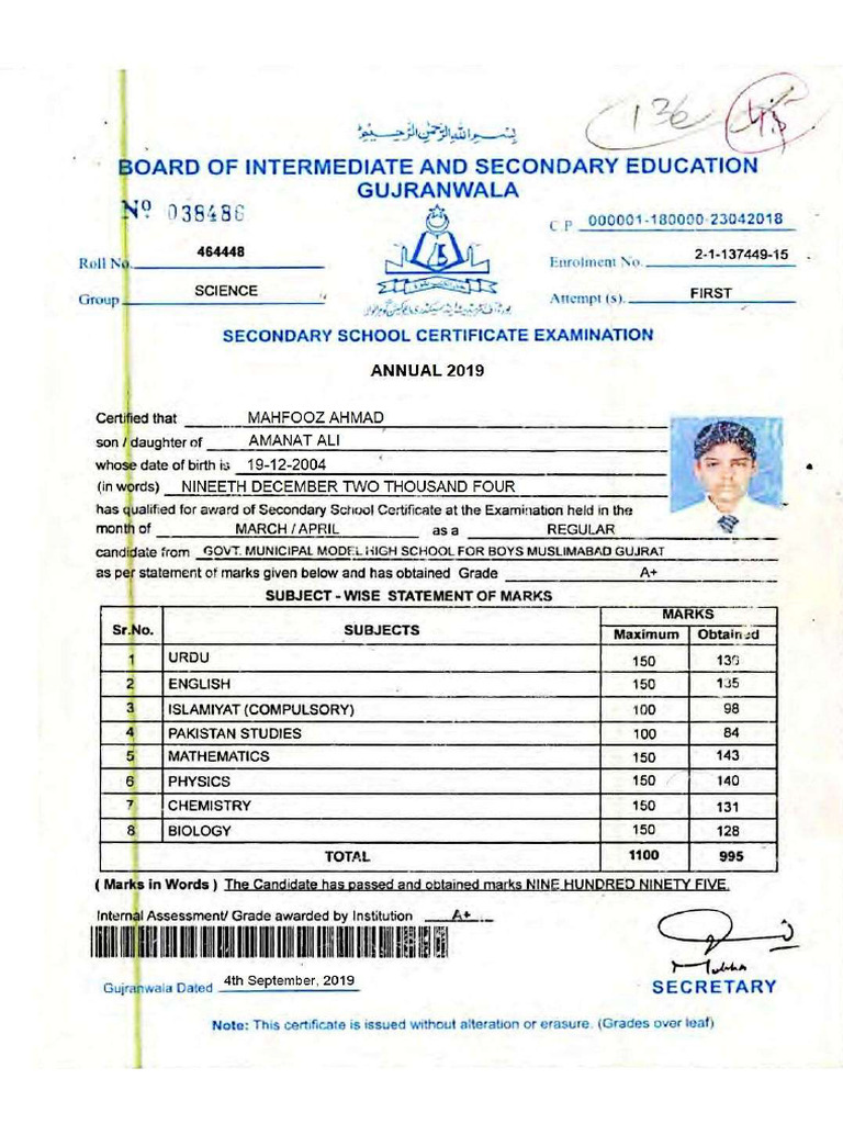 Mahfooz Matric Front New | PDF