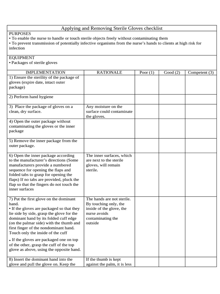Donning Sterile Gloves Checklist | PDF | Hand | Glove