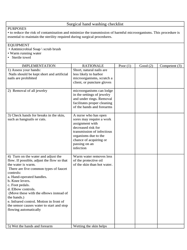 surgical hand washing checklist - Copy 1 | PDF | Hand Washing | Medical ... surgical hand washing checklist - Copy 1 | PDF | Hand Washing | Medical ...