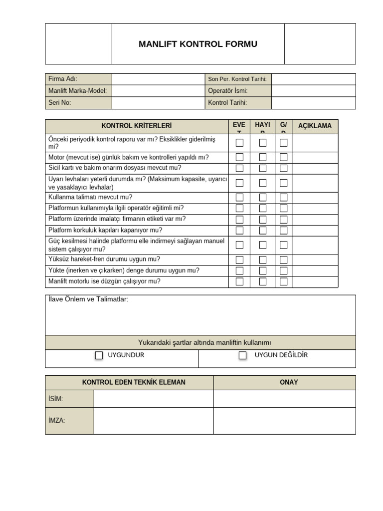 Manlift Kontrol Formu | PDF