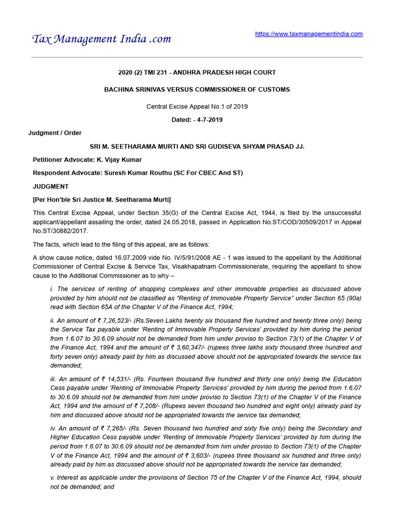Bachina Srinivas Versus Commissioner of Customs | PDF | Appeal | Taxes