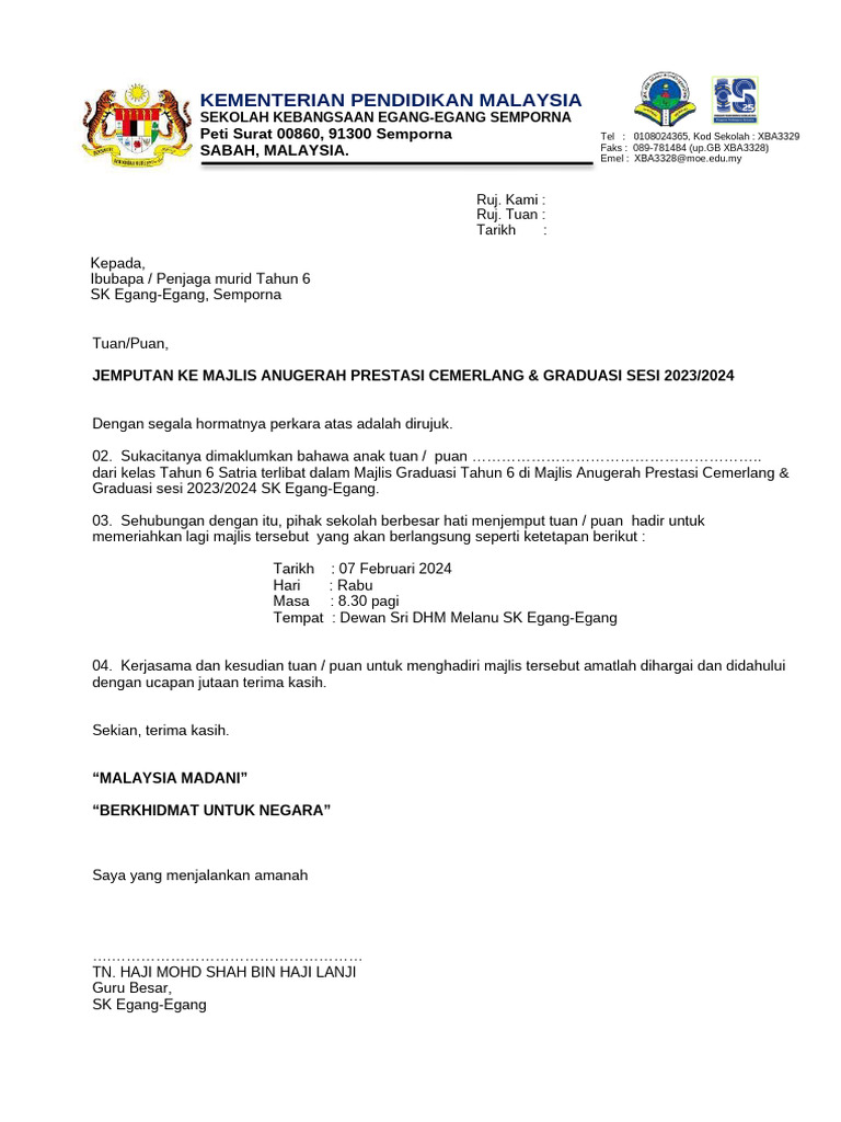 Surat Jemputan Ibubapa Majlis Graduasi | PDF