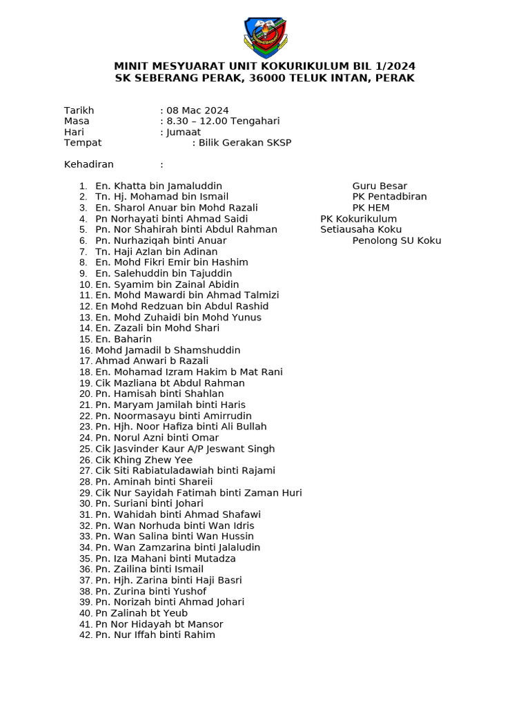 Minit Mesyuarat Kokurikulum 1 2024 | PDF