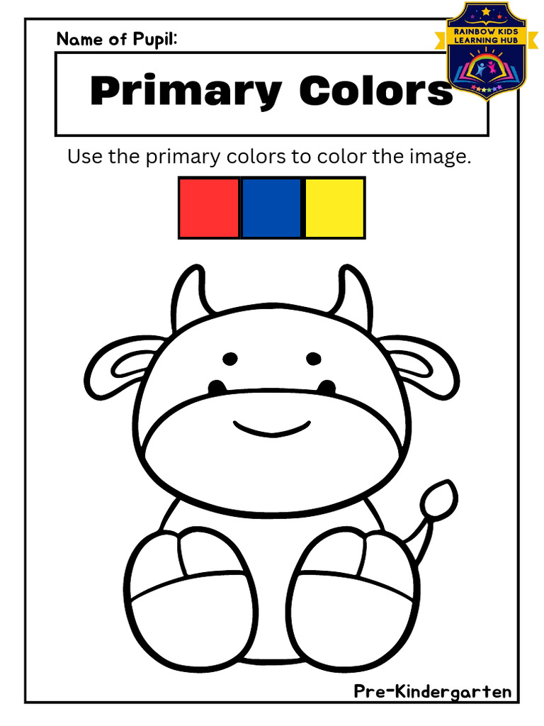 Coloring Cow Worksheet in Primary Colors Illustrative Style | PDF