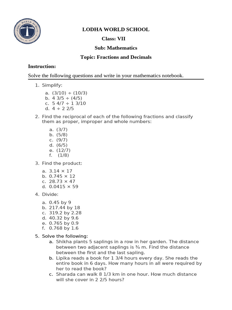 Class VII Math: Fractions & Decimals Worksheet | PDF | Teaching Methods ...