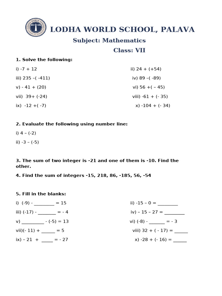 Class VII Integer Worksheet | PDF