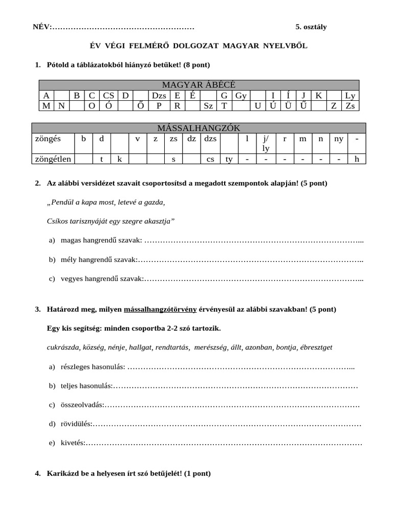Év Végi Felmérő Dolgozat MJL 5. Oszt. | PDF