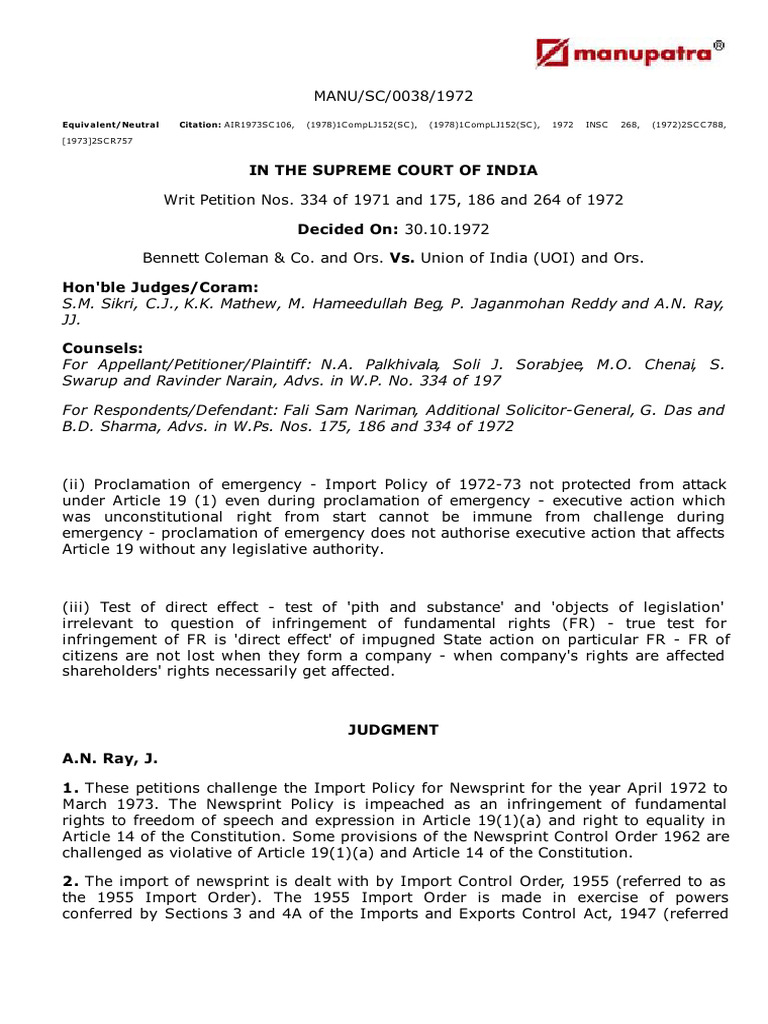 Bennett Coleman and Co and Ors Vs Union of India Us720038COM872479 ...