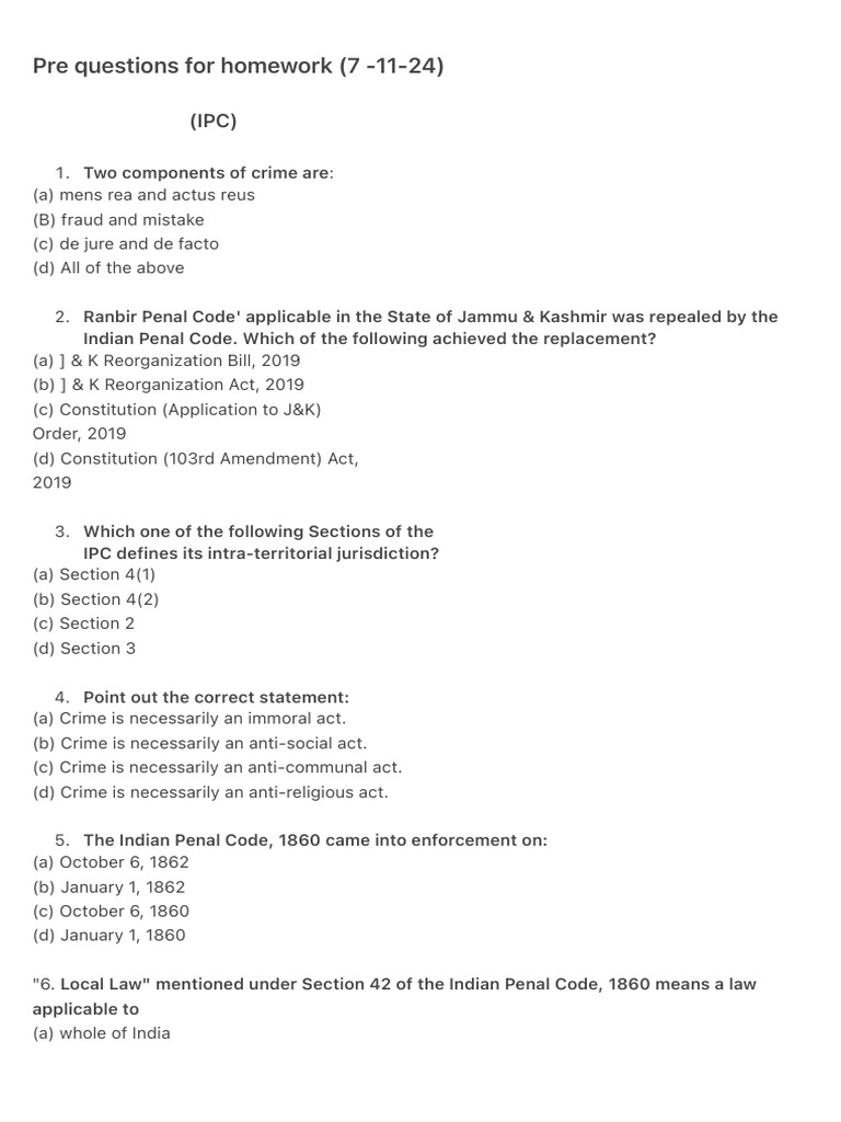 Pre Questions For Homework (7 - 11-24) | PDF | Criminal Law | Common Law