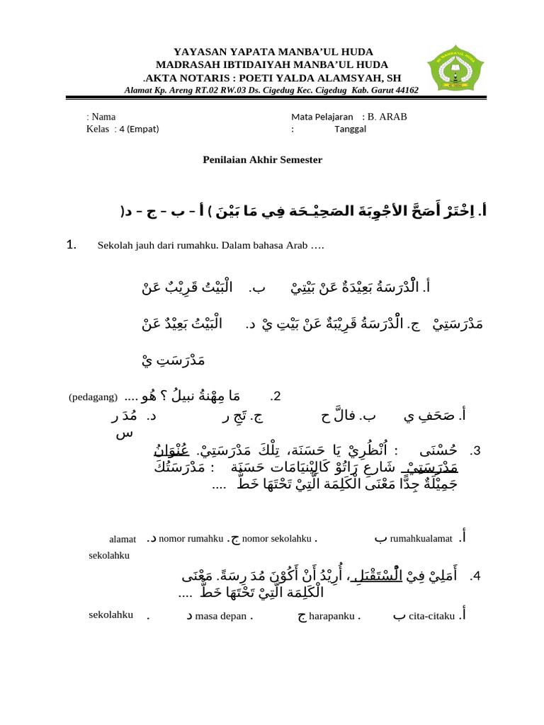PAS B. Arab Kls 4 MI Soal Dan Kunci Jawaban | PDF