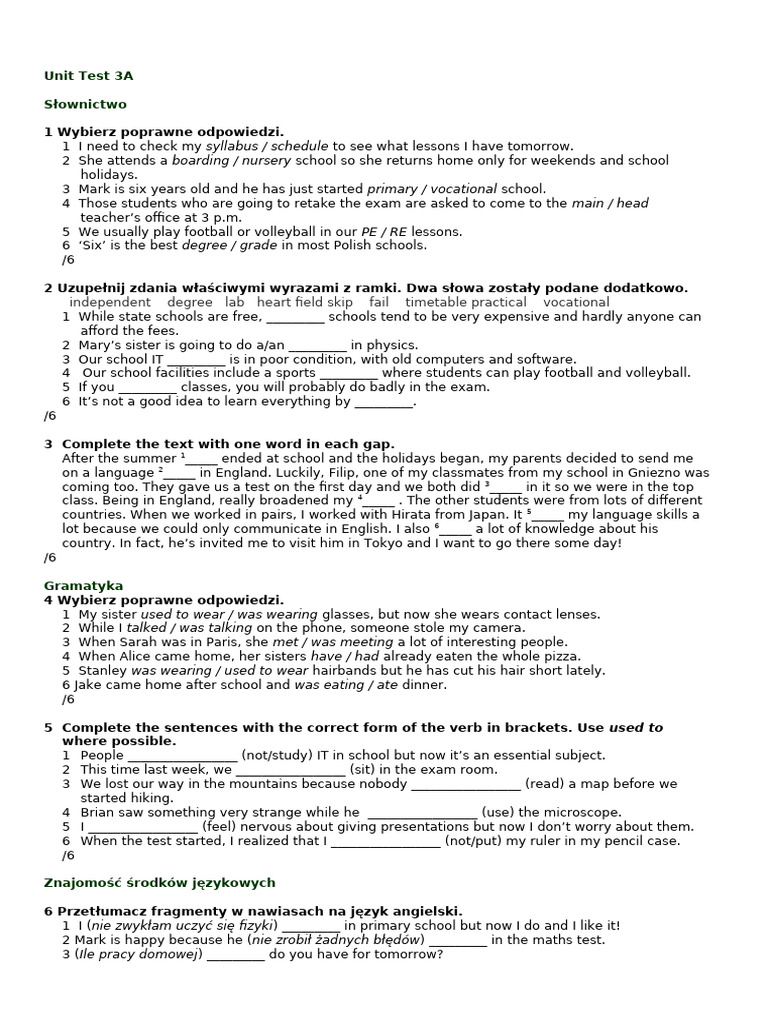 Orm 1 Unit Test 3A | PDF | Schools | Homeschooling
