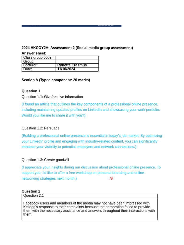 2024 HKCOY2A Assessment 2 Answer Sheet | PDF | Popular Culture & Media ...