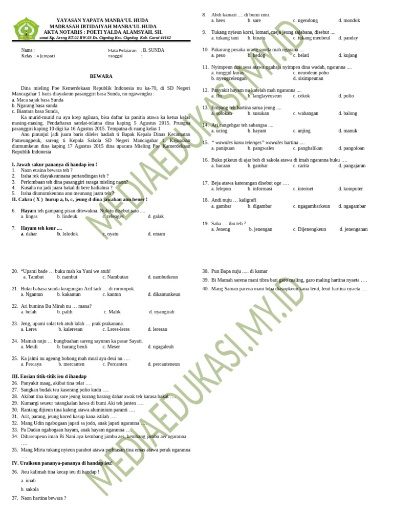 Soal PAS Bhs. Sunda Kelas 4 Semester 1 | PDF