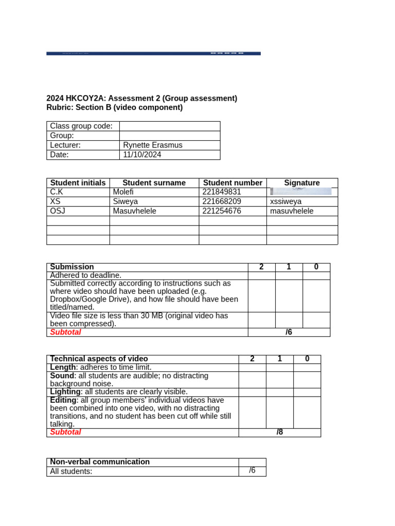 2024 HKCOY2A Assessment 2 Rubric | PDF