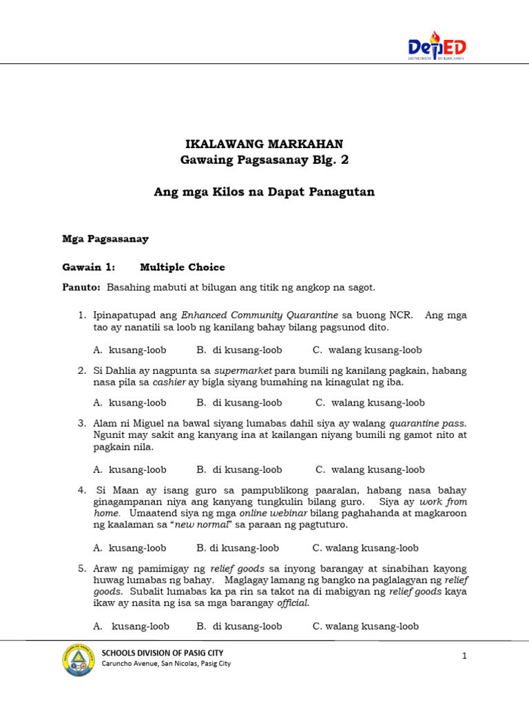 EsP 10 Q2 G.pagsasanay 2 | PDF