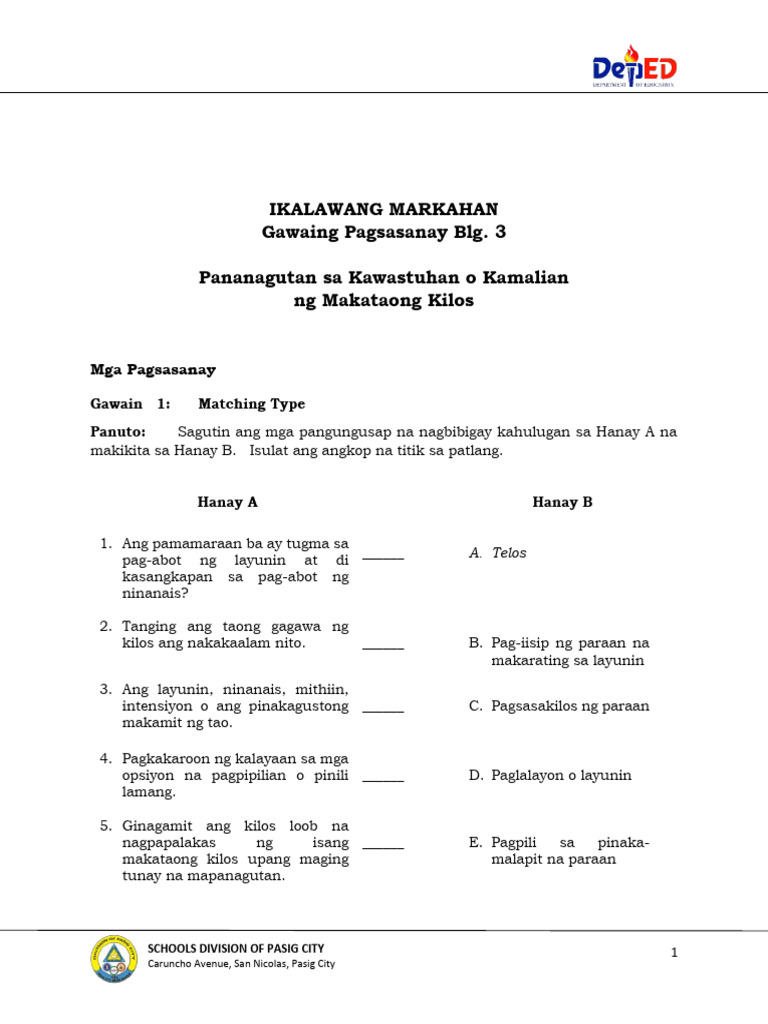 EsP 10 Q2 G.Pagsasanay 3 | PDF