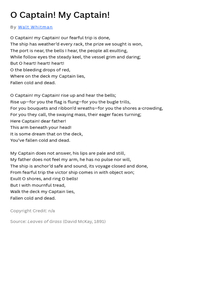 O Captain! My Captain! Poem Analysis | PDF