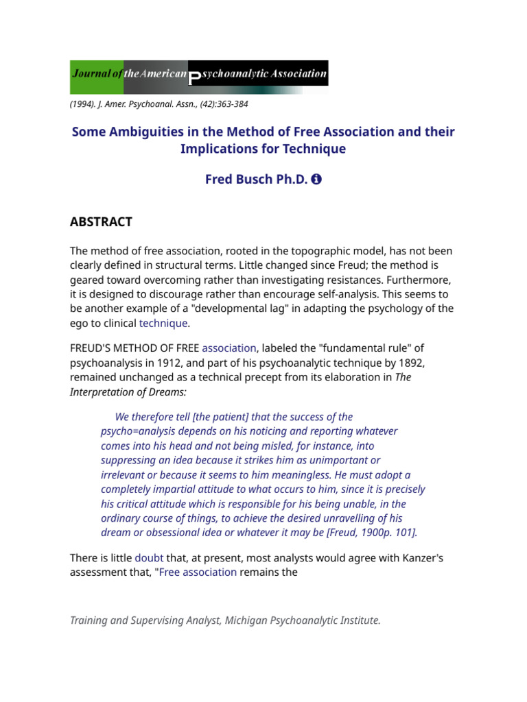 Free Association - Busch | PDF | Psychoanalysis | Sigmund Freud