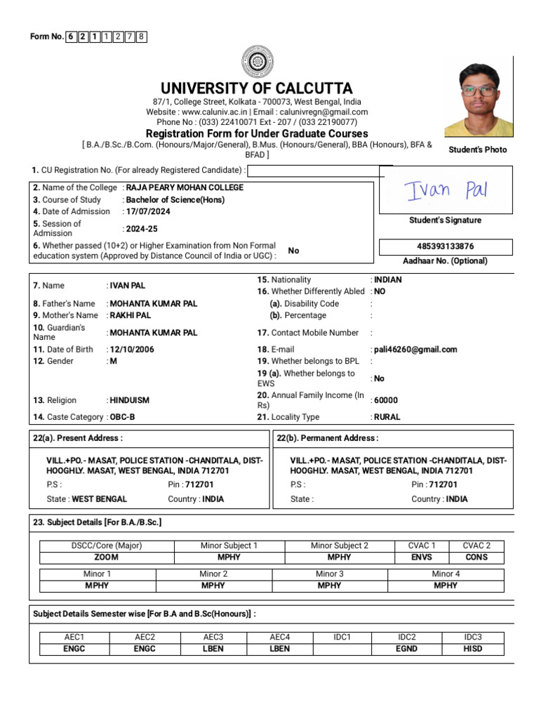 Calcutta University UG Registration Form | PDF | Vocational Education ...